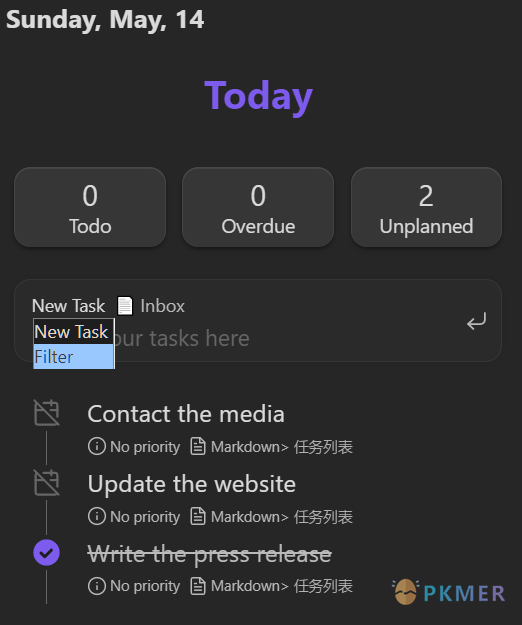 PKMer_Obsidian 插件：Tasks calendar wrapper 支持快捷输入与时间线/日历视图的任务面板展示插件